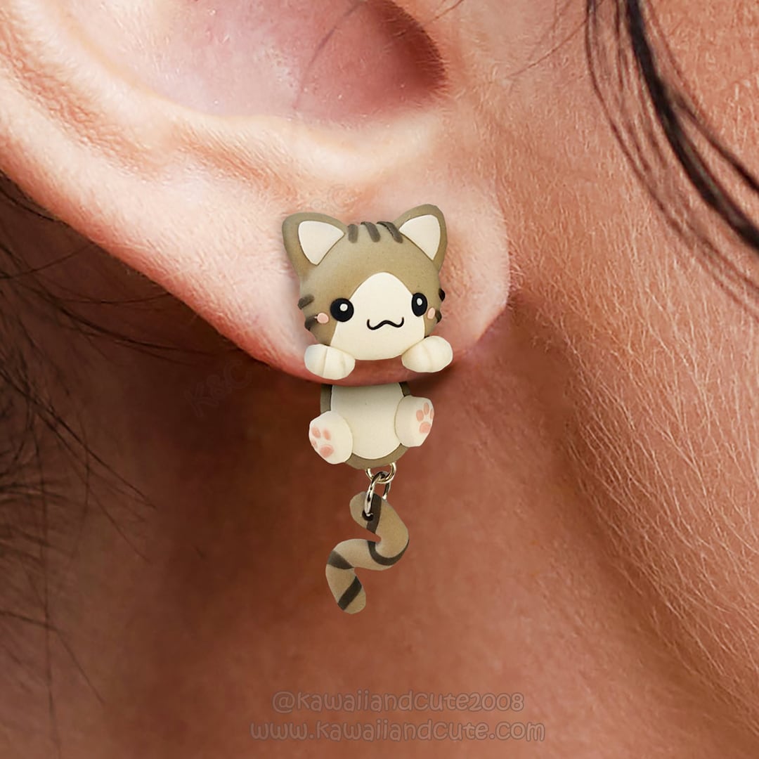 Gray and White Kawaii Cat Earrings Handmade, Gray Cat Clinging Earrings ...