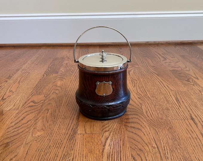 Antique English Oak Biscuit Barrel With Ceramic Liner and Silver-plated ...