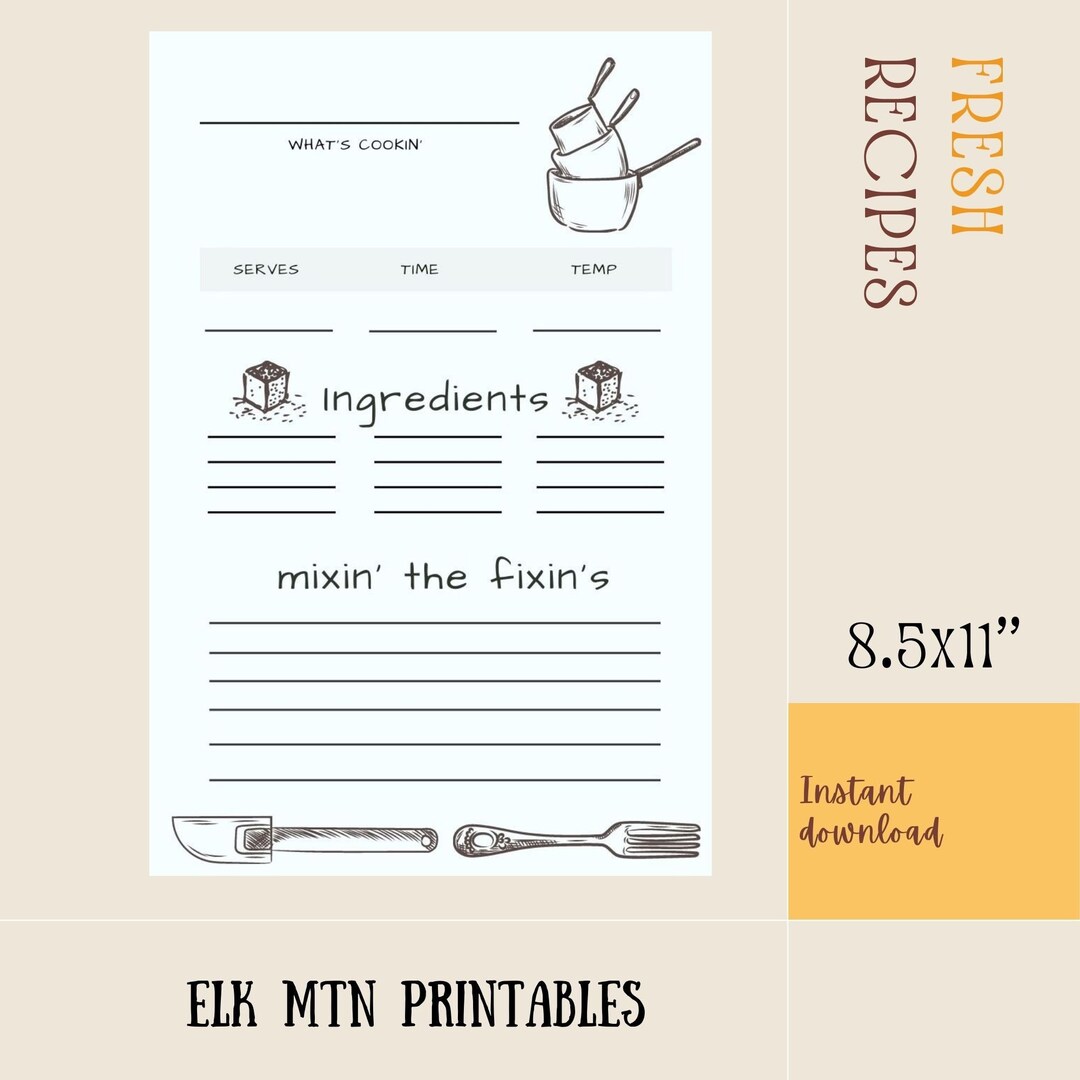 Recipe Full Sheet Printable Recipe Card Card Paper Recipe Card Color ...