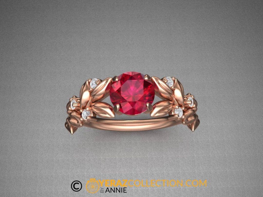 Ruby & Diamond Leaf Engagement Ring, 14k Rose Gold, Lab Created Ruby ...