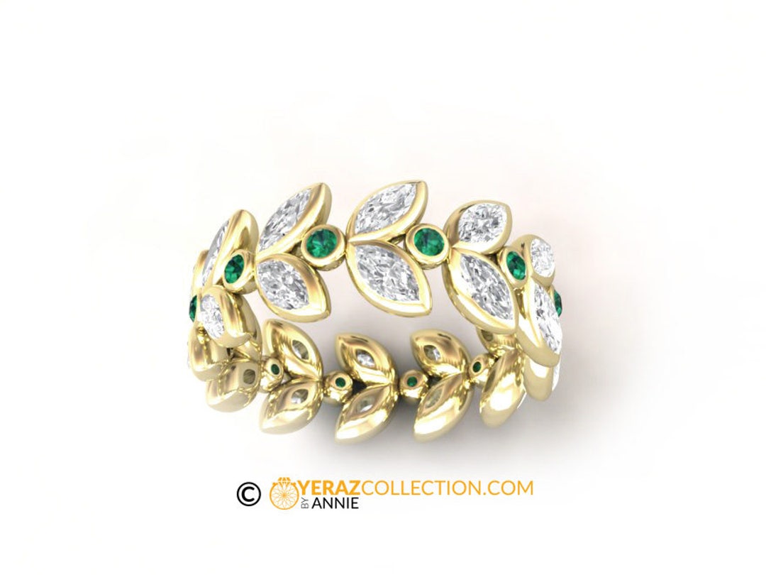 Leaf Diamond Eternity Gold Ring With Emerald, Diamond Wedding Band,14k ...