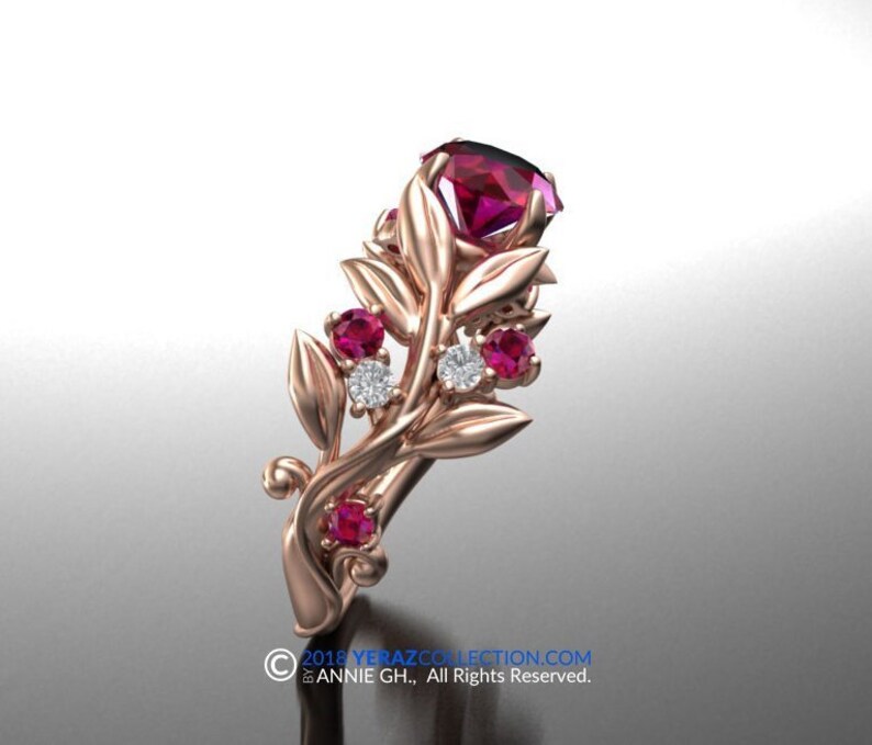 Leaf Engagement Ring Rose Gold 14k Chatham Created Ruby - Etsy