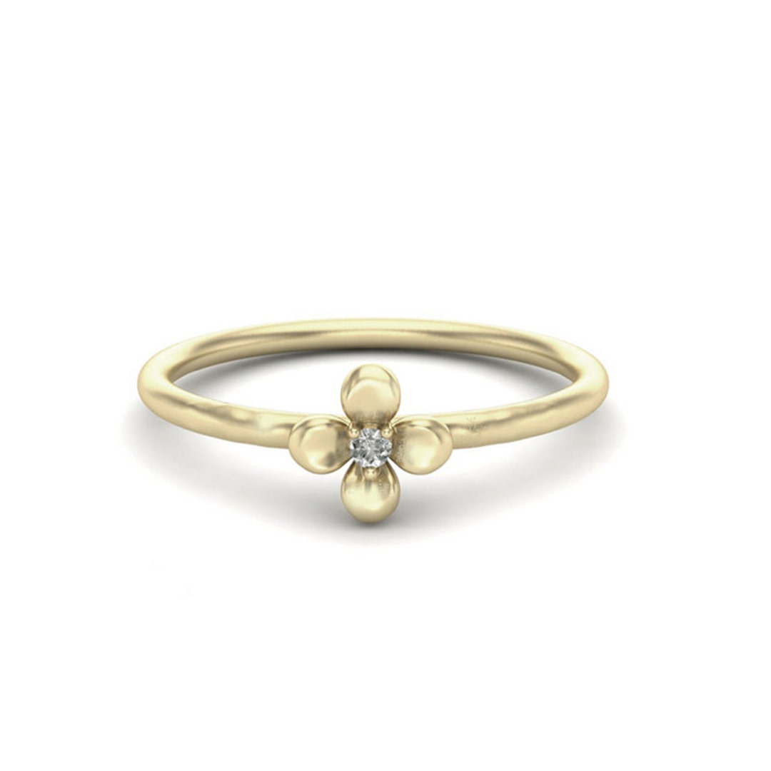 Very Delicate Flower Gold Ring With Diamond, 14K Gold Ring, Diamond ...