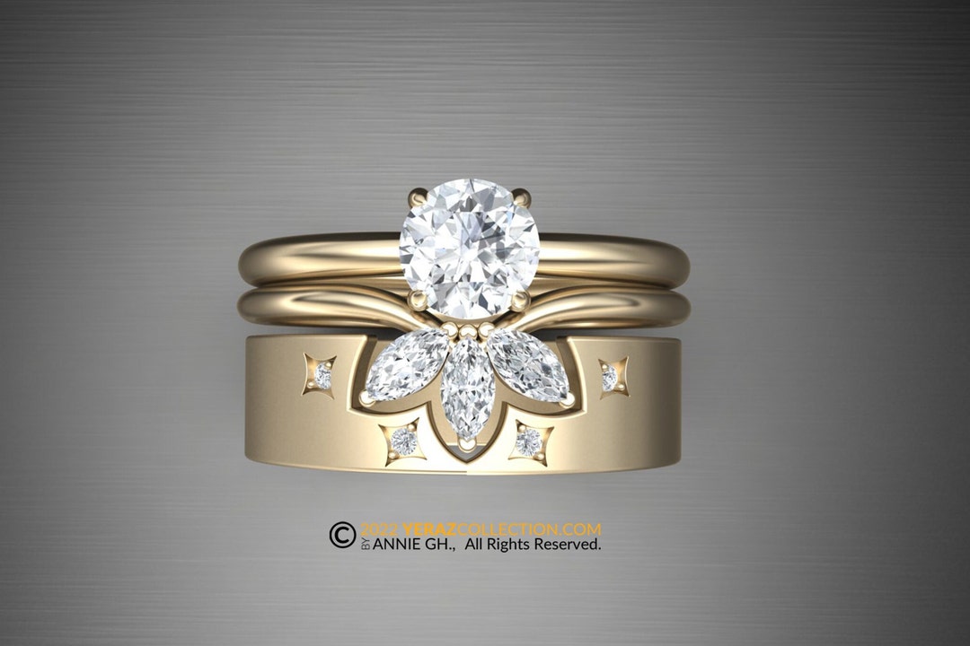 Diamond Ring Set, Diamond Center Stone, Engagement Ring and Matching ...