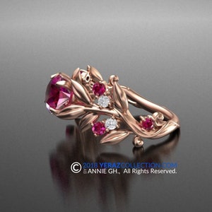 Leaf Engagement Ring, Rose Gold 14k, Chatham Created Ruby Engagement ...
