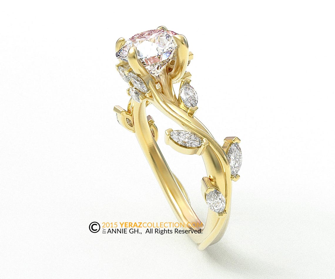 Leaf Engagement Ring, Everleaf Ring, Yellow Gold 14k, Lab Created ...
