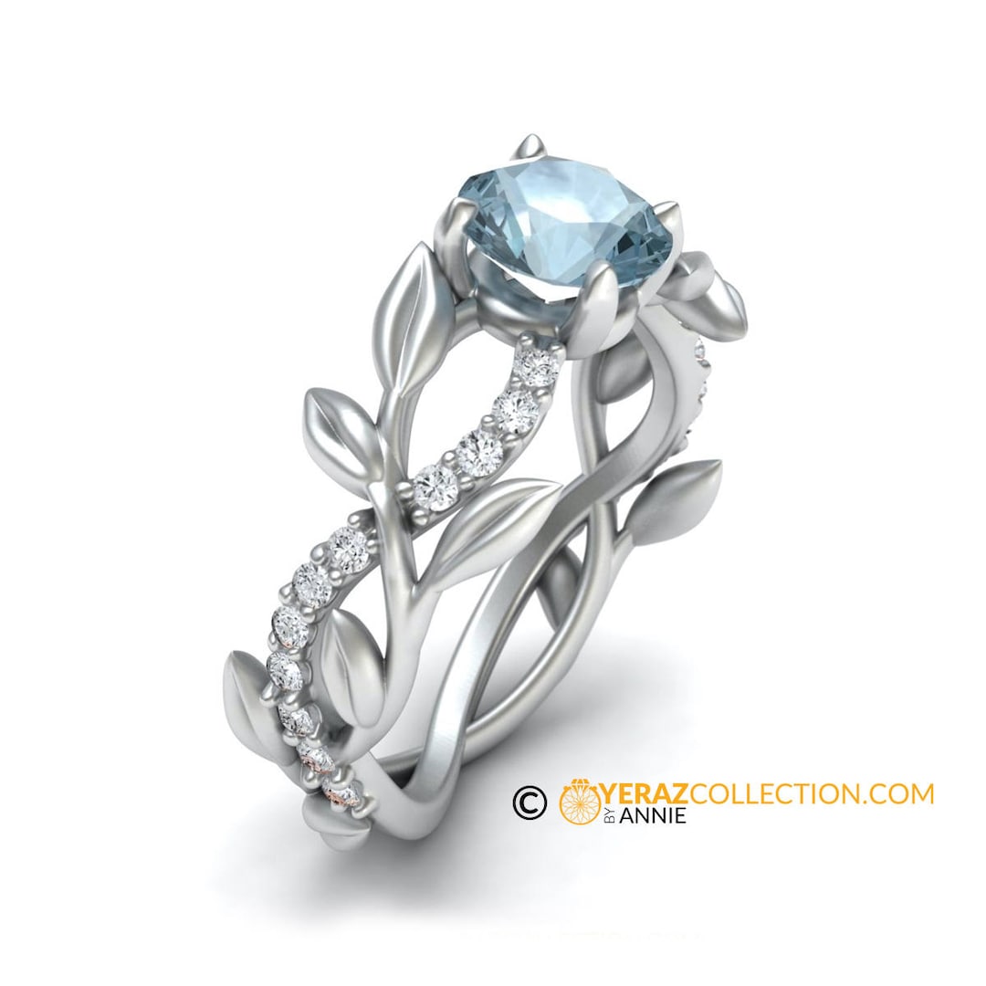 Leaf Engagement Ring, White Gold 14k, Aquamarine Engagement Ring, Nature Inspired Diamond Leaf ...