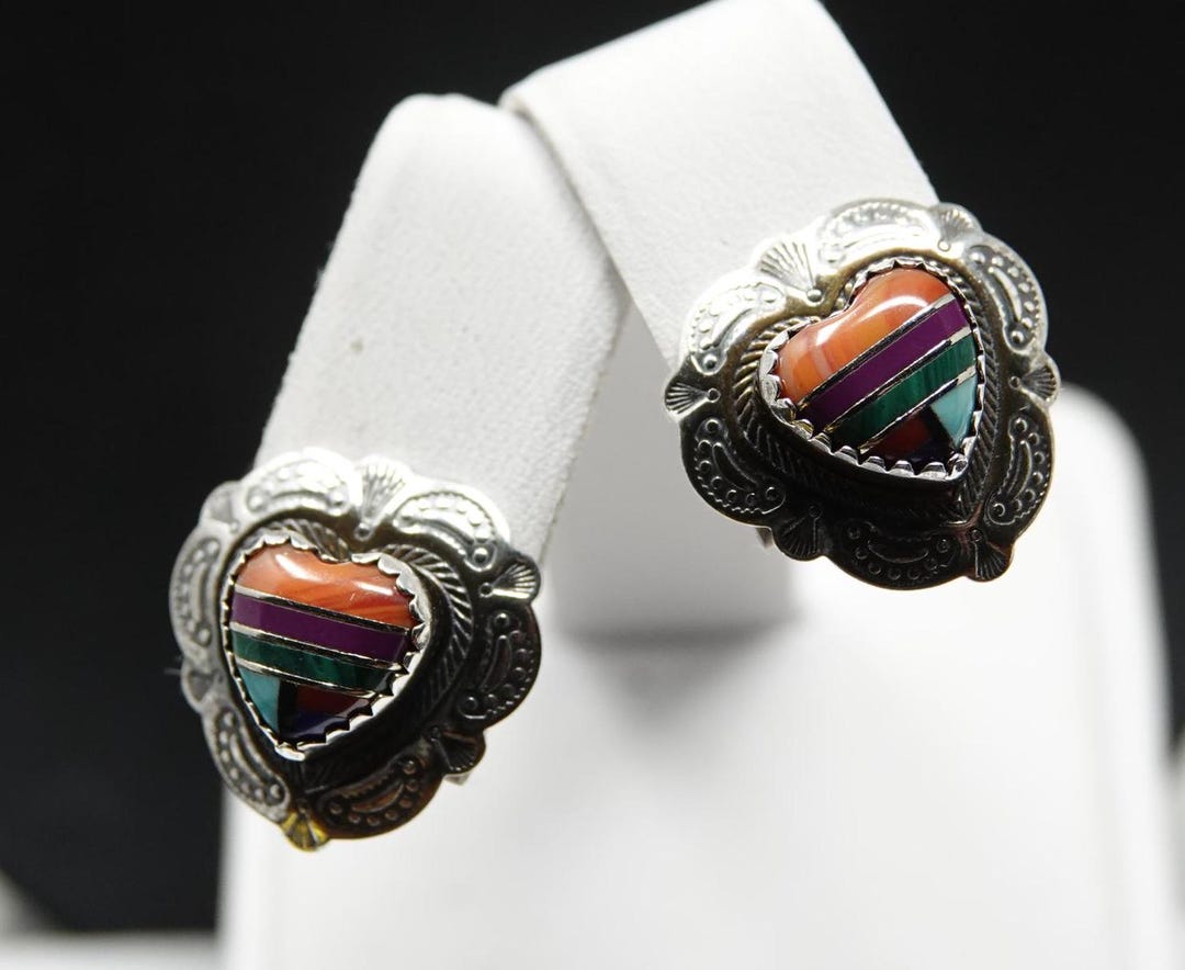 Native American Sterling Inlaid Heart Studs (signed) - Etsy