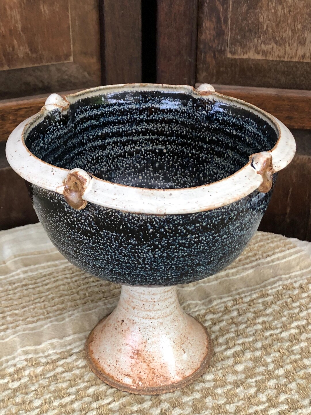 Vintage Studio Pottery Pedestal Bowl, Navy Blue Accent Piece - Etsy