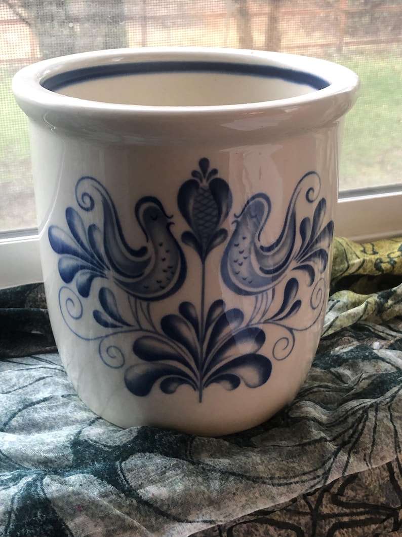 Vintage DDR Pottery Crock Blue Birds German Folk Art Canister Pot ...