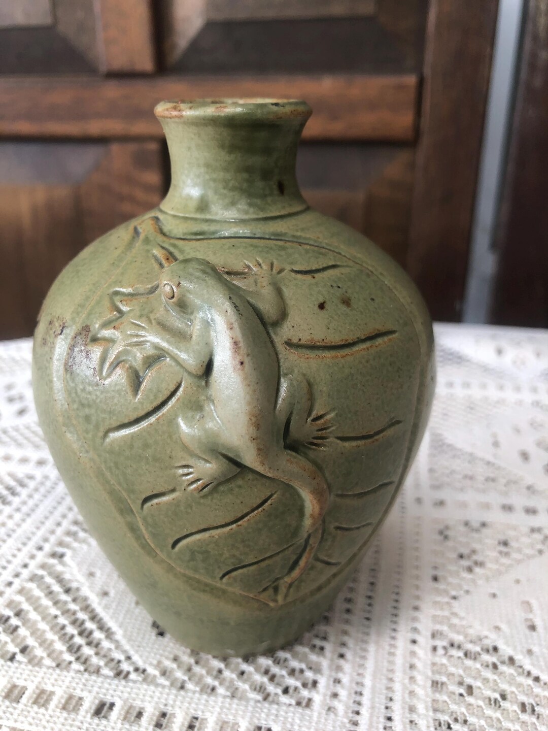 Green Rustic Pottery Vase With Lizard Unmarked Asian Theme - Etsy