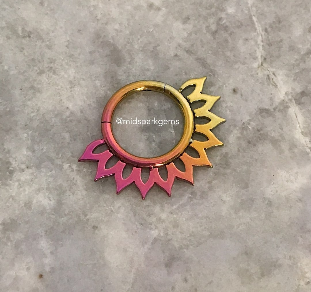 FUCHSIA-GOLD (14G or 16G) Anodized Titanium Mandala Flower Petal Hinged Segment Ring Clicker ...