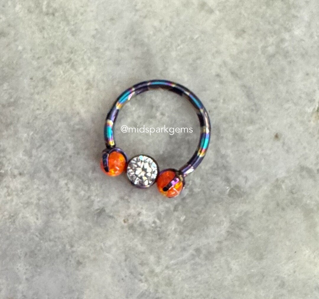 Titanium Captive Bead Horseshoe Ring (16g or 14g) 10mm 3/8 Inch Orange Opal With Clear Crystal ...