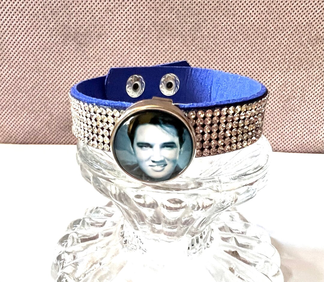 18mm Elvis Snap Button on a Soft Blue Suede Leather Rhinestone Bracelet ...