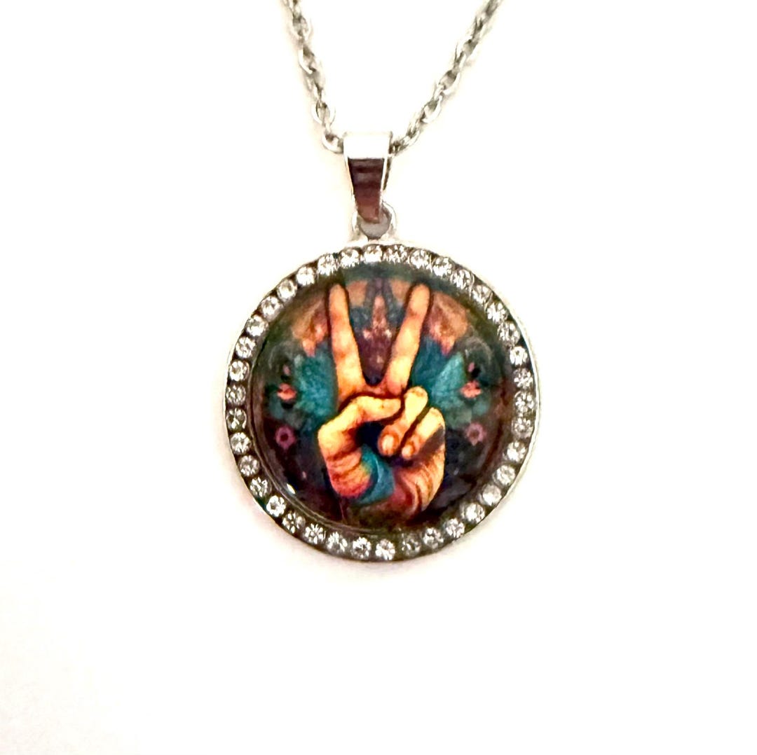 Hand Showing Peace Sign Image on This 1" Pendant Necklace Surrounded by ...