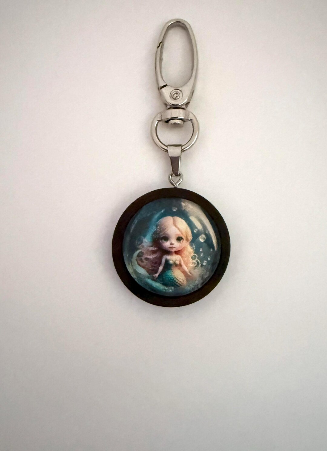Cute Mermaid Image on This Dark Brown Wood Pendant on a Metal Purse ...