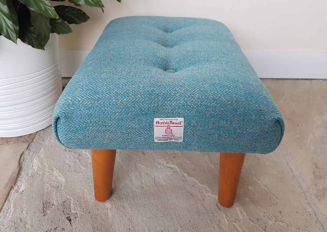 Turquoise Harris Tweed footstool blue/grey herringbone tweed | Etsy