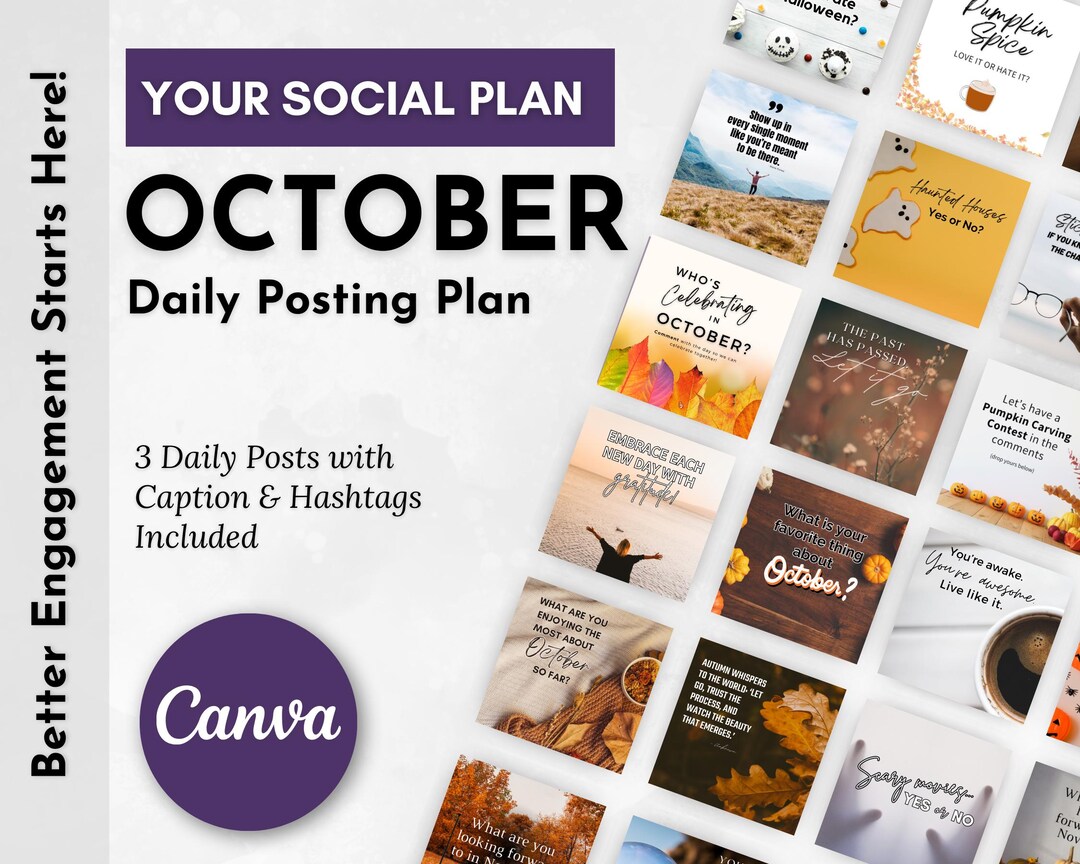 October Social Media Content Plan: Canva Templates & Captions (93 Posts ...
