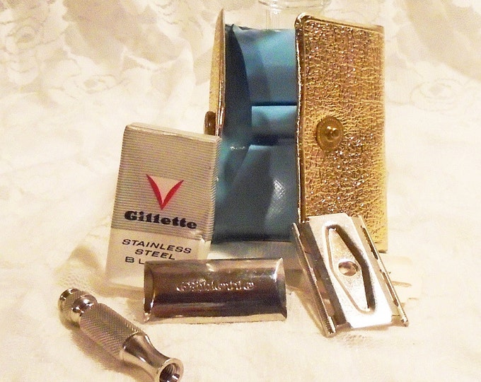 Vintage Gillette Safety Razor Travel Kit Gold Vinyl Travel Case Unused ...