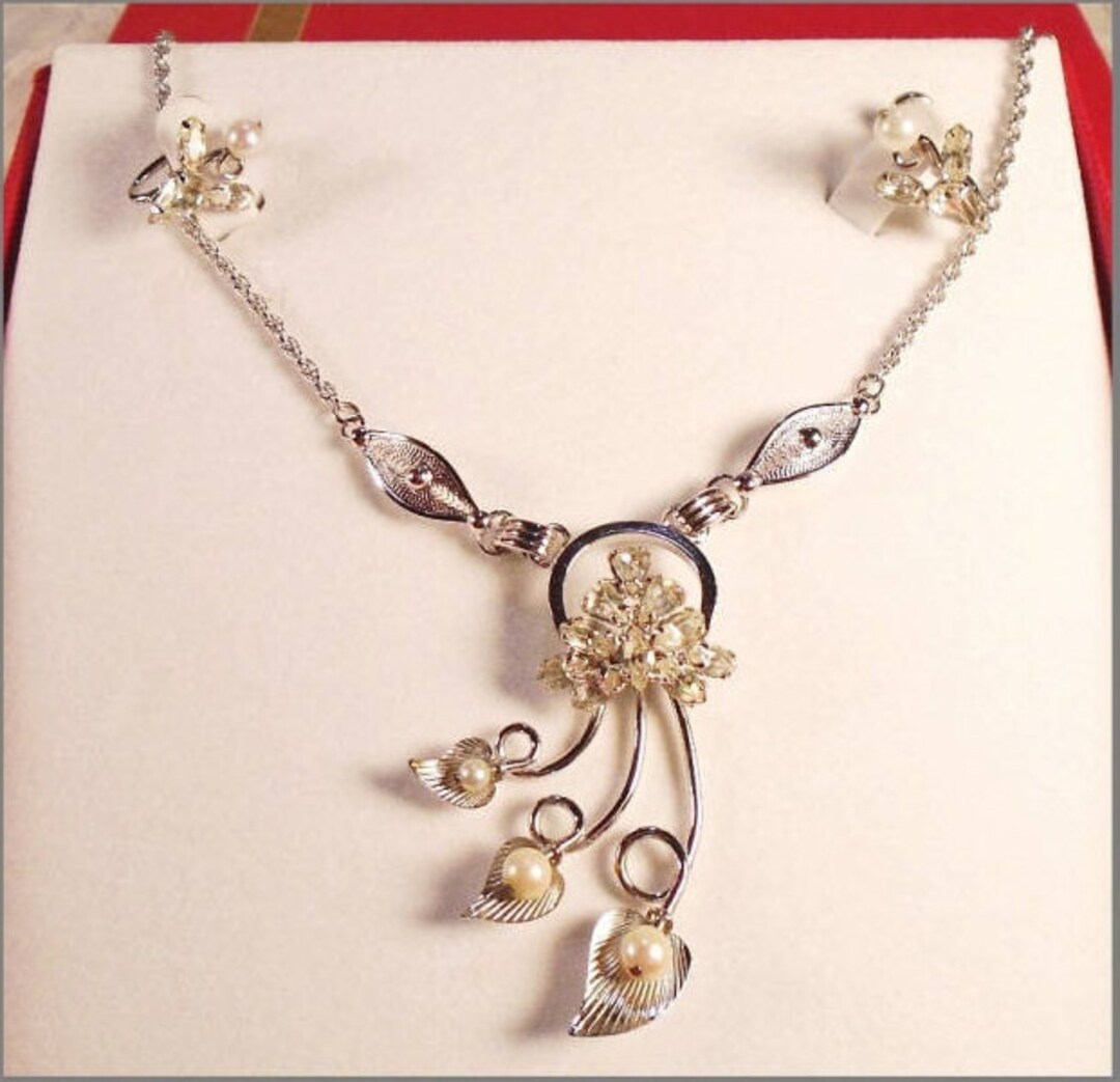 Crystal and Pearl Bridal Set, Bojar Demi Parure, Filigree Sterling ...