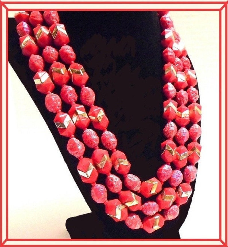 Vintage Celluloid Bead Necklace Red and Gold 3 Strand Bib - Etsy