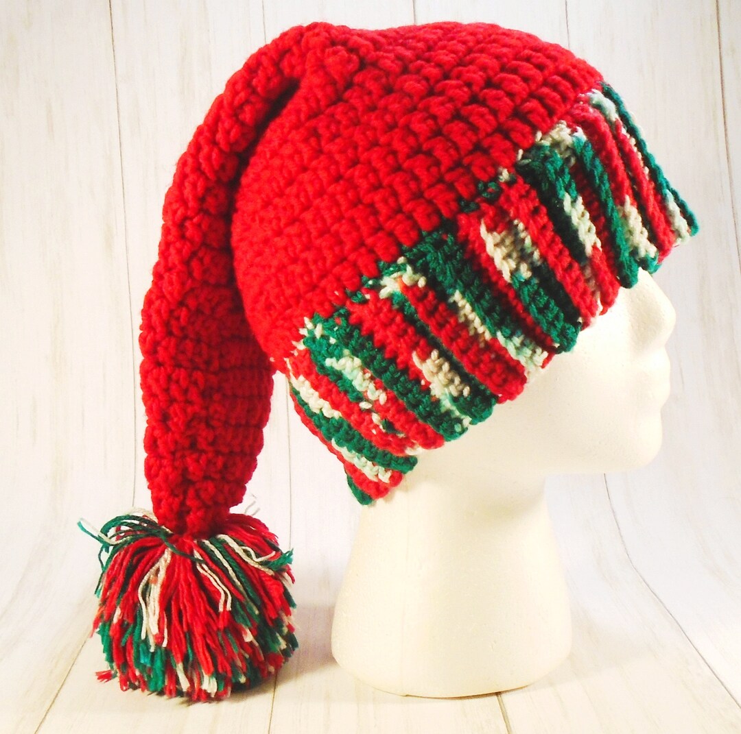 Red Crochet Santa Hat, Red Hat With Christmas Print Band and Pom Pom ...