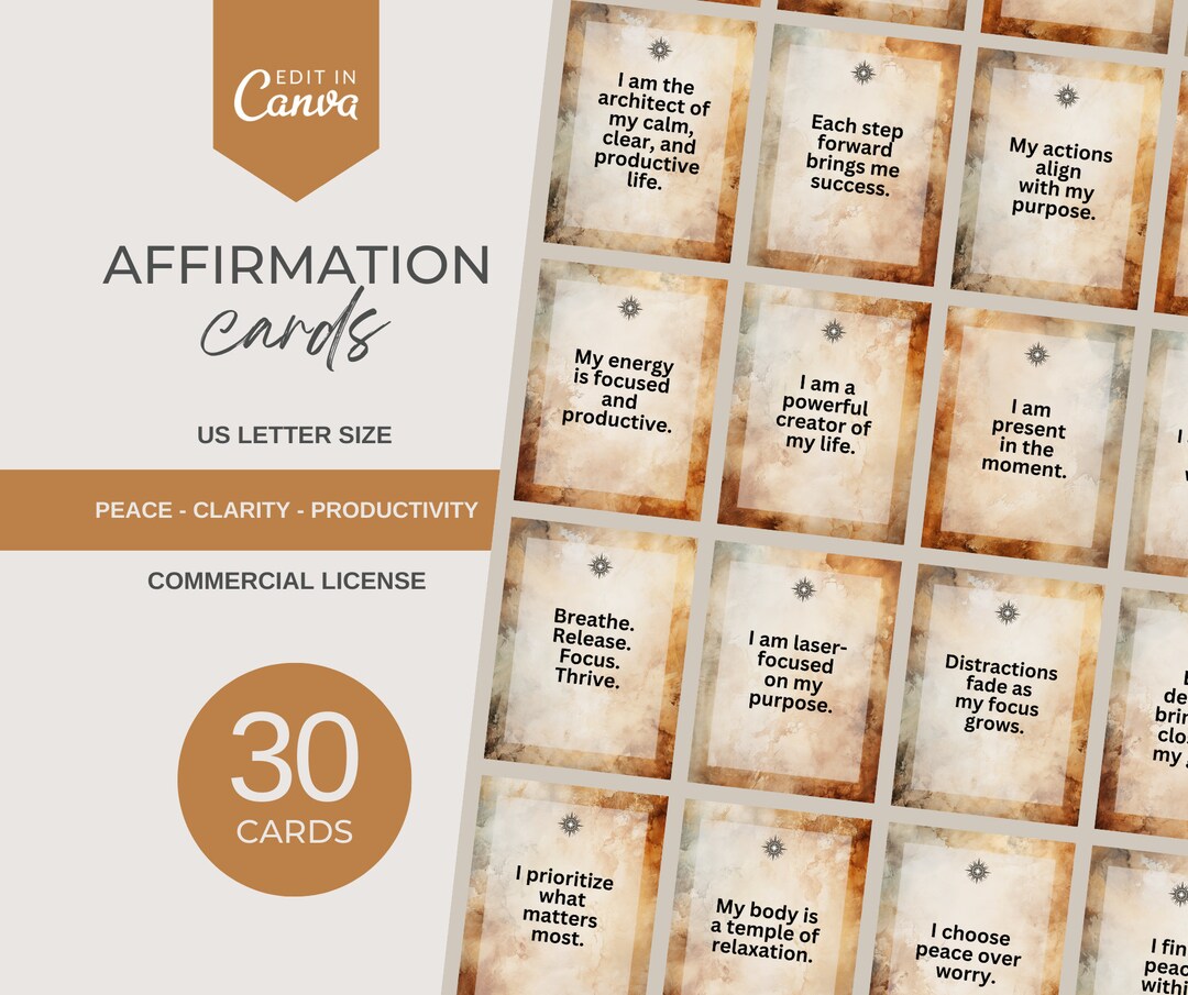 Editable Affirmation Card Deck Canva Template. Peace, Clarity, and ...