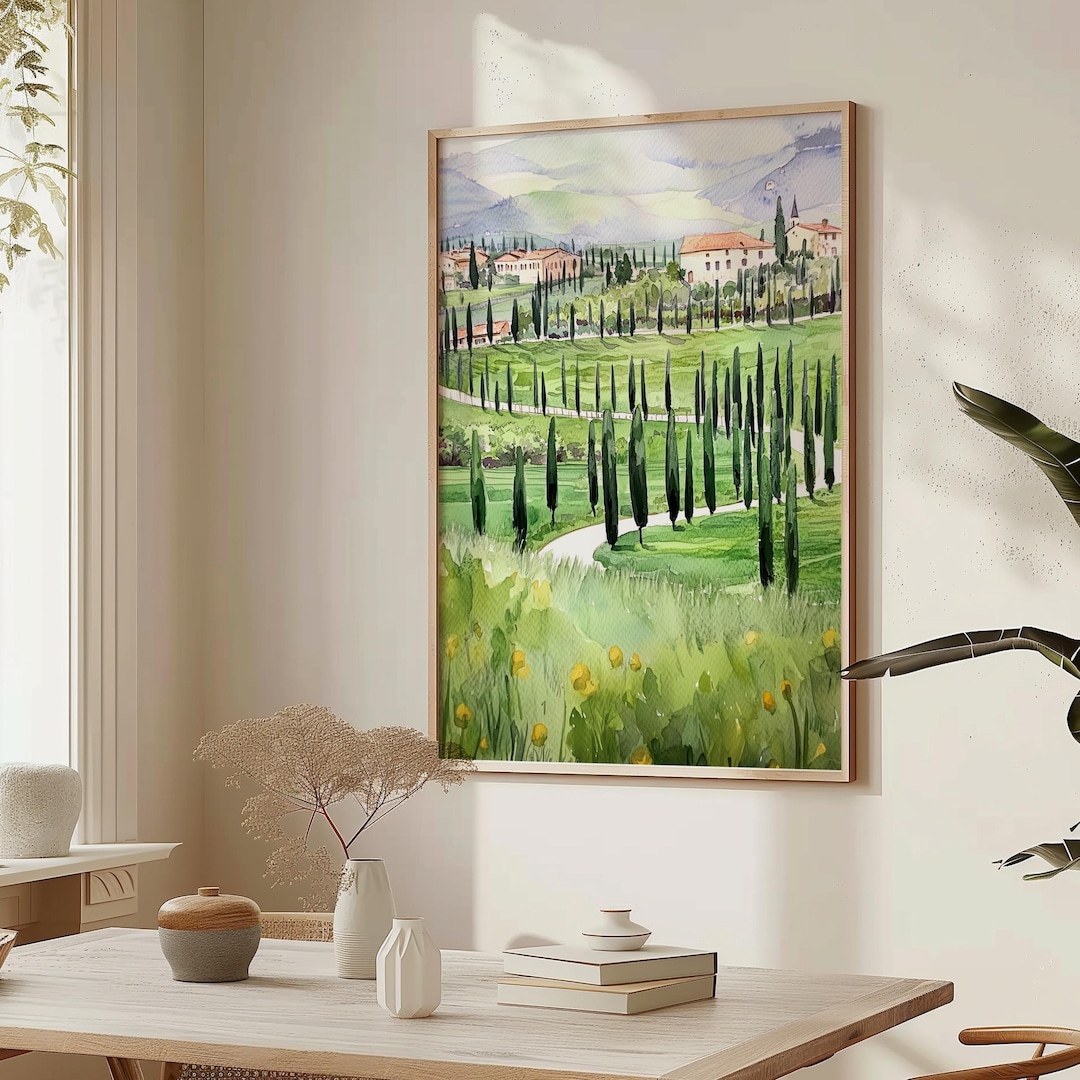 Tuscan Landscape Watercolor Print, Cypress Tree Wall Art, Pastel ...