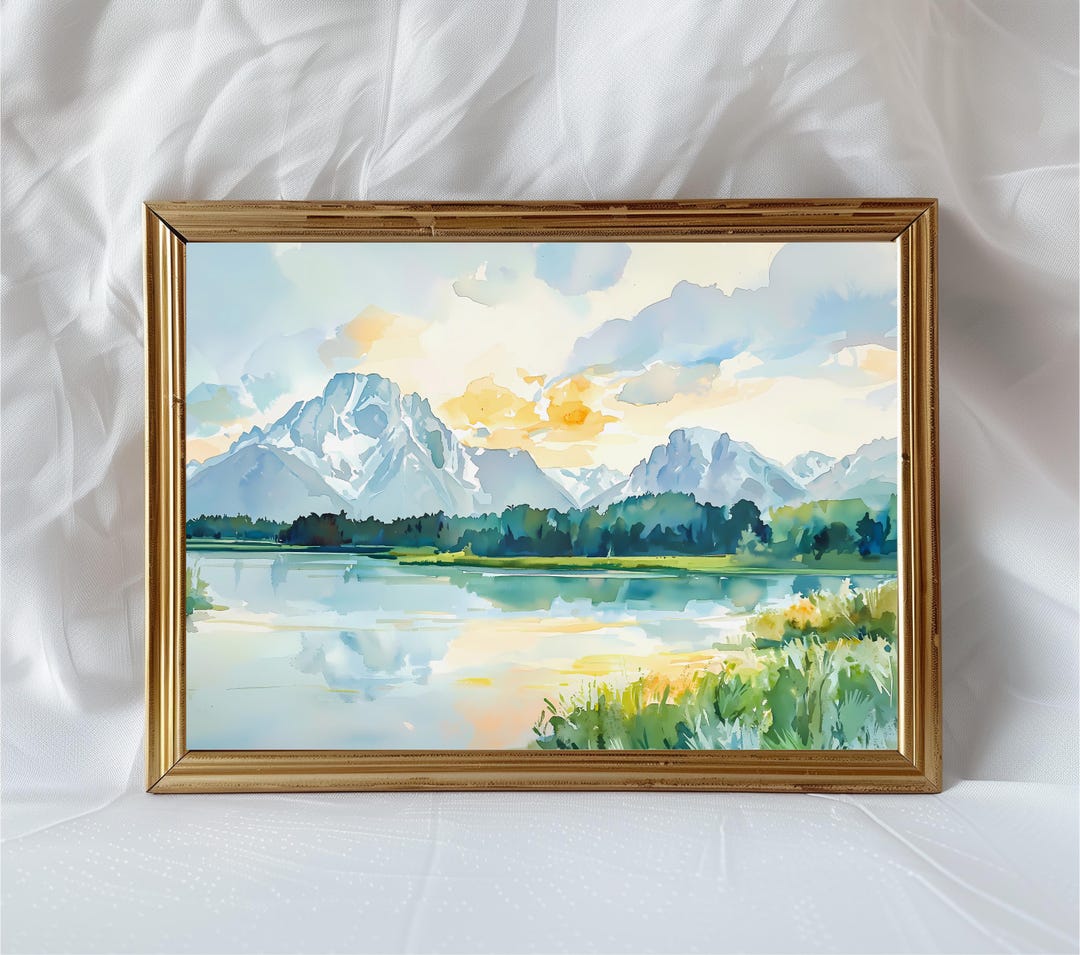 Oxbow Bend Watercolor Print, Grand Teton Landscape Wall Art, Pastel ...