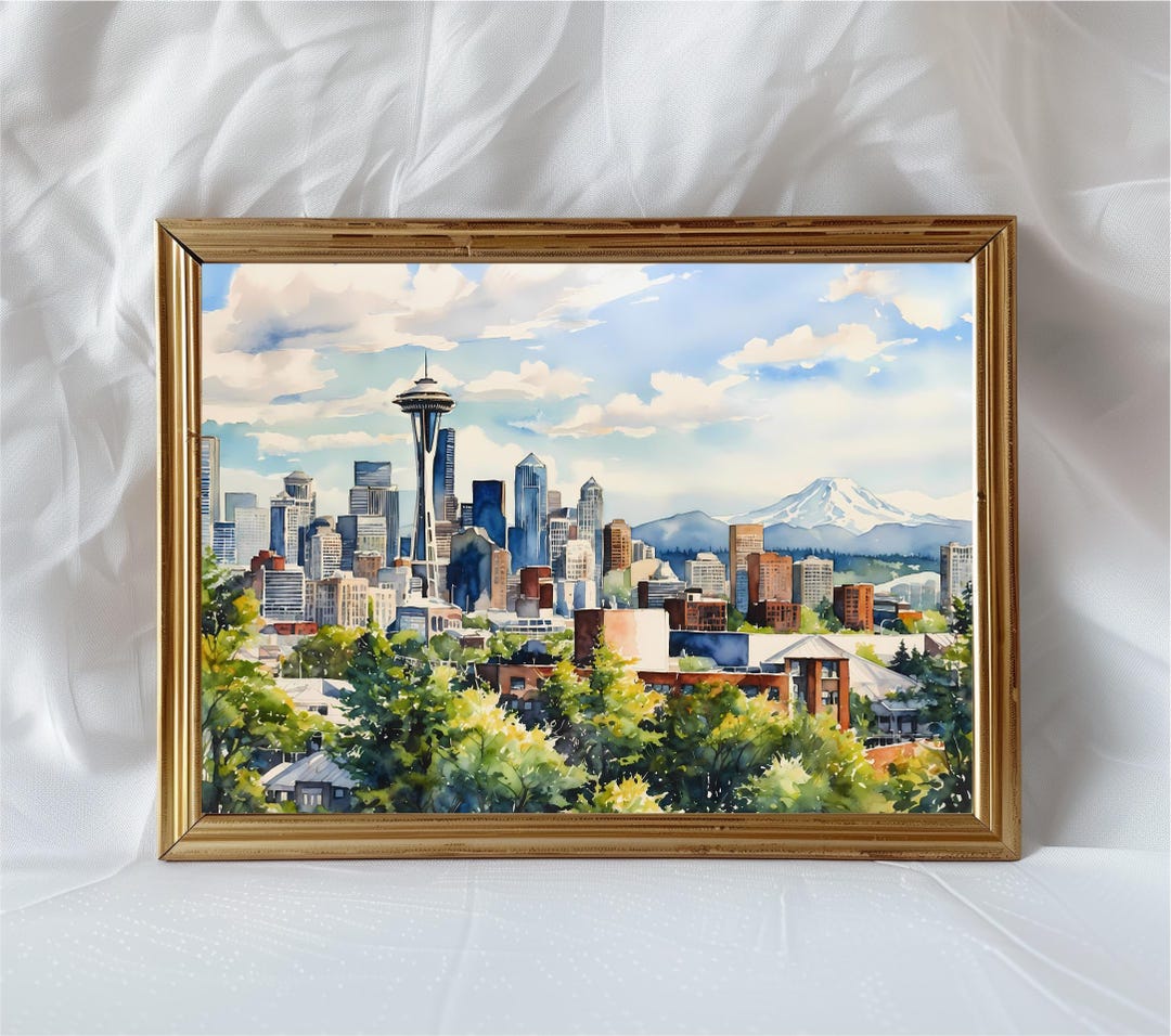 Seattle Skyline Art Poster, Watercolor Seattle WA Cityscape, Downtown ...