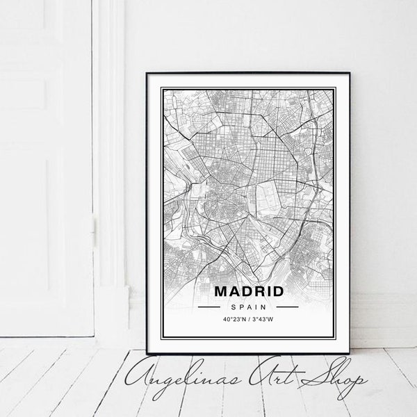 Madrid Black and White Map - Etsy