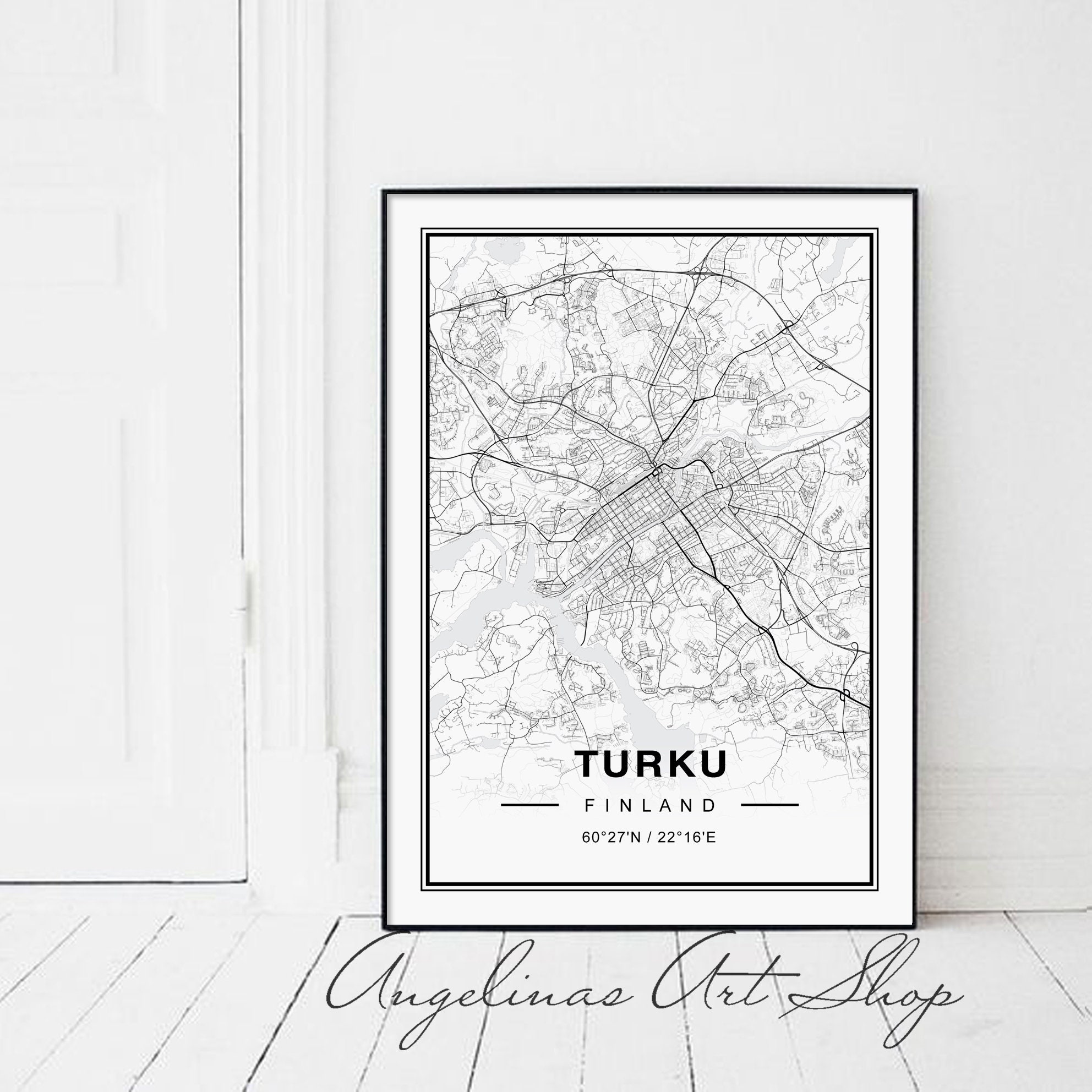 Turku Map Black and White | Etsy
