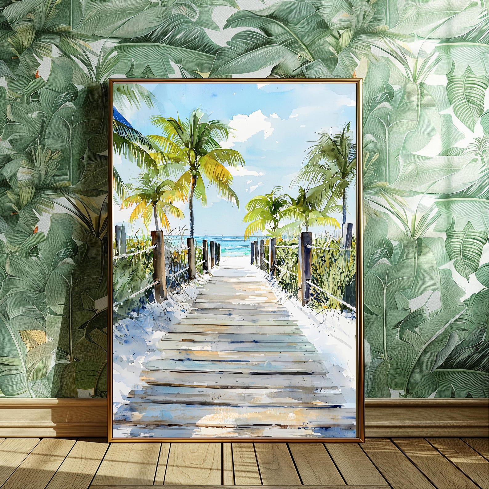 Key West Beach Walkway Watercolor Print, Palm Tree Coastal Wall Art ...