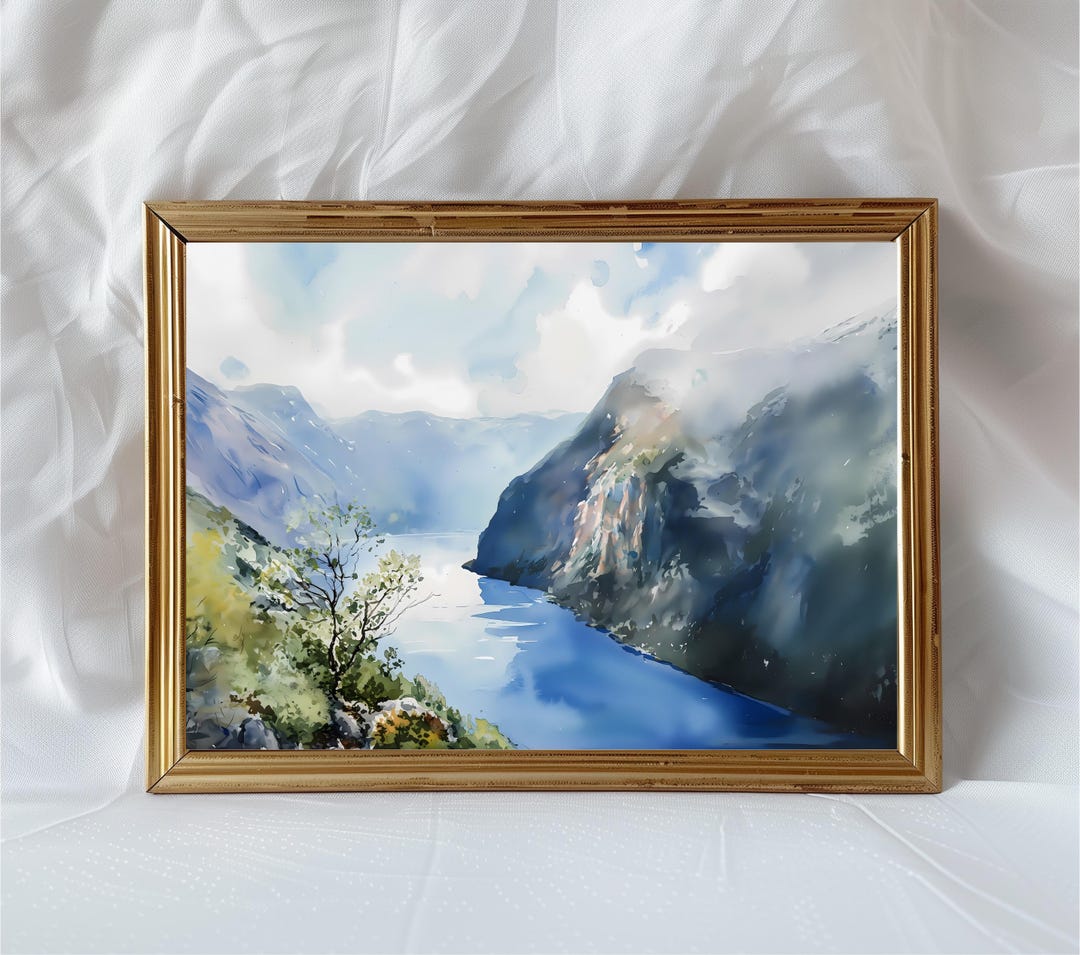 Geiranger Norway Watercolor Print, Scandinavian Landscape Wall Art ...