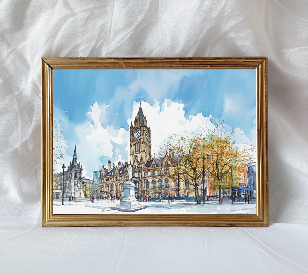 Manchester Town Hall Print, Watercolor Pencil Sketch Wall Art, Urban ...