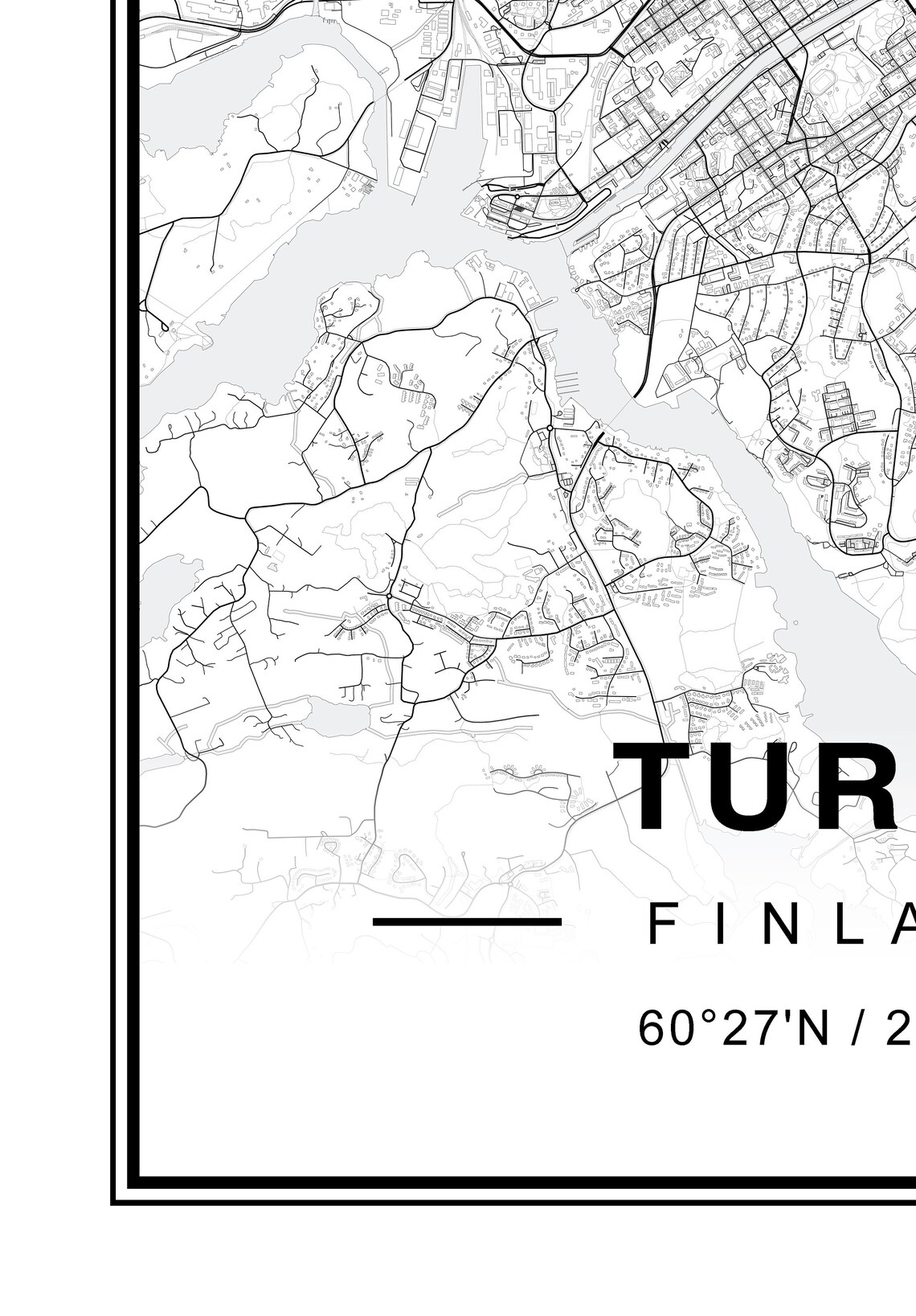 Turku Map Black and White | Etsy