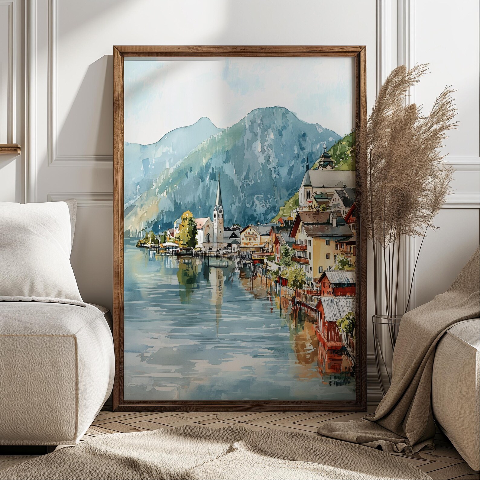 Hallstatt Austria Watercolor Print, Villagecore Lake Art, European ...