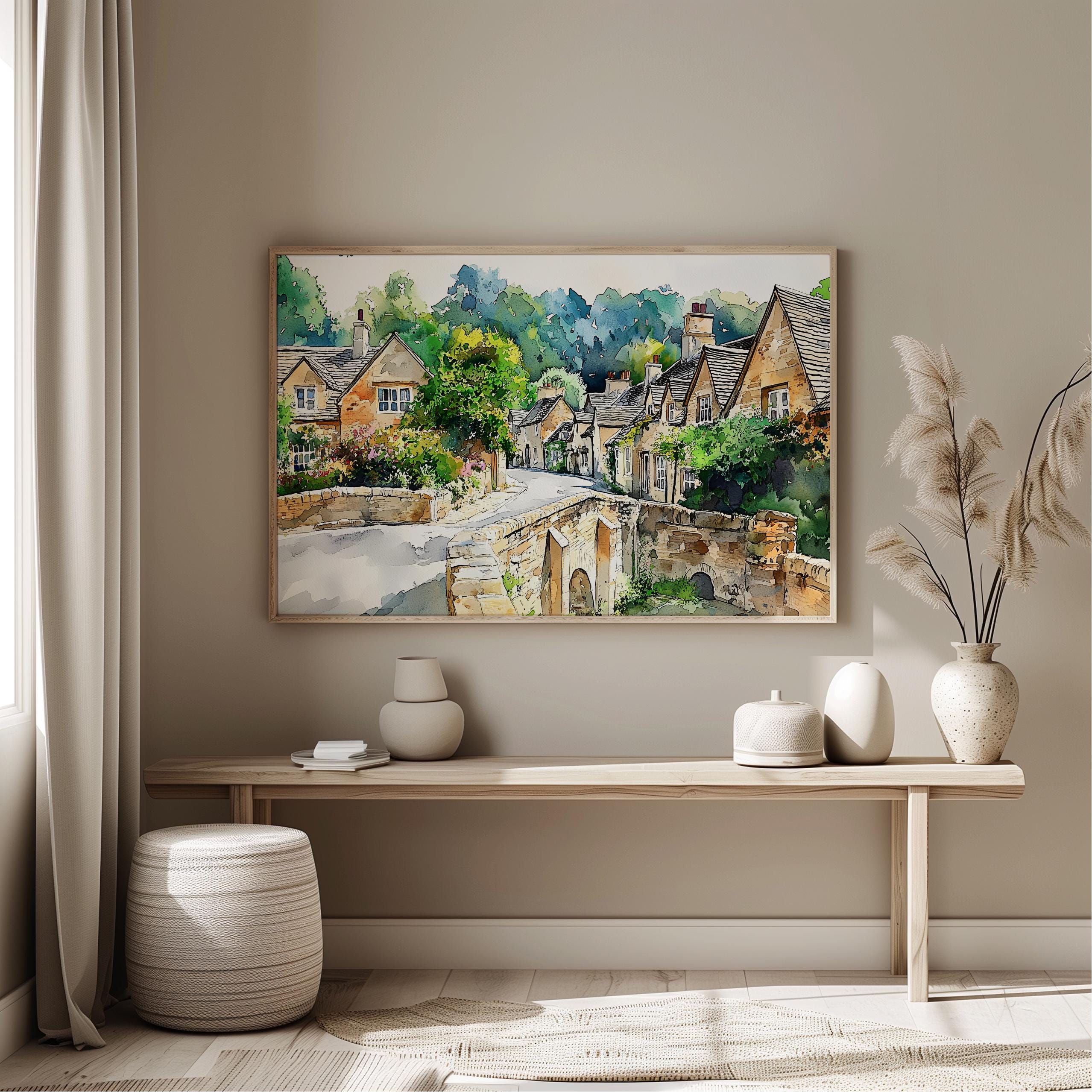 English Countryside Watercolor Print - Cotswold Village Landscape ...