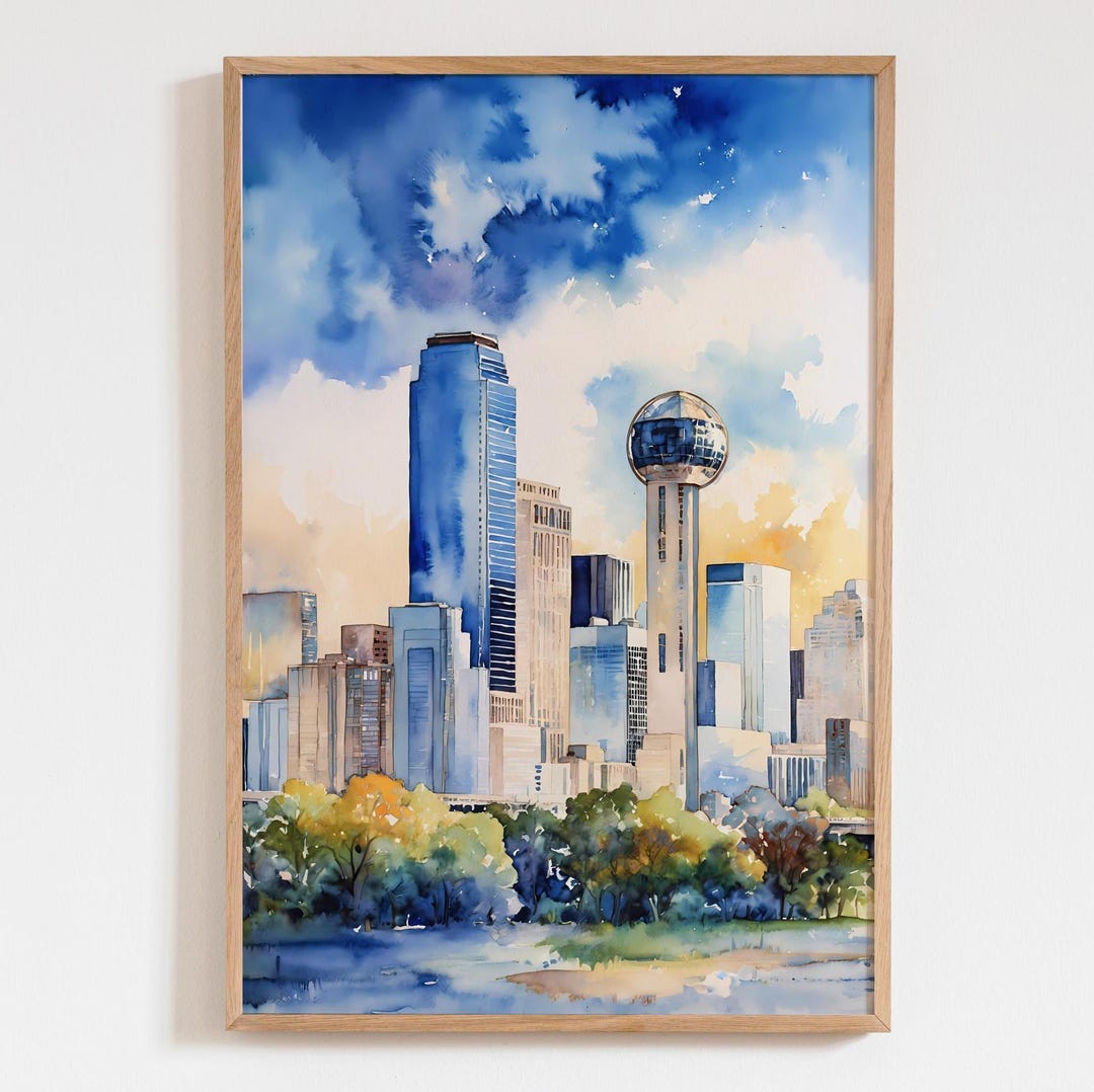 Dallas Skyline Watercolor Art Print, Dallas TX Cityscape Poster ...
