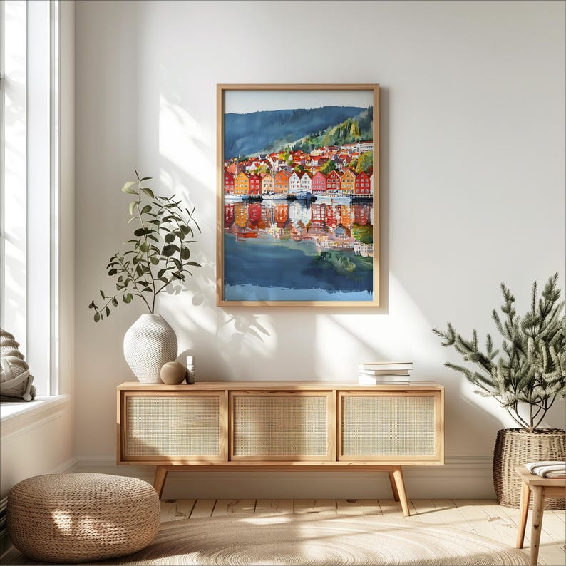 Bergen Norway Watercolor Print, Colorful Scandinavian Wall Art, Nordic ...