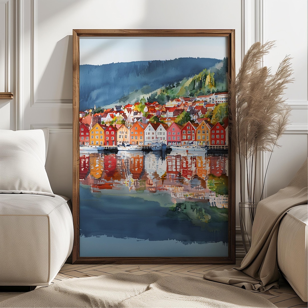 Bergen Norway Watercolor Print, Colorful Scandinavian Wall Art, Nordic ...