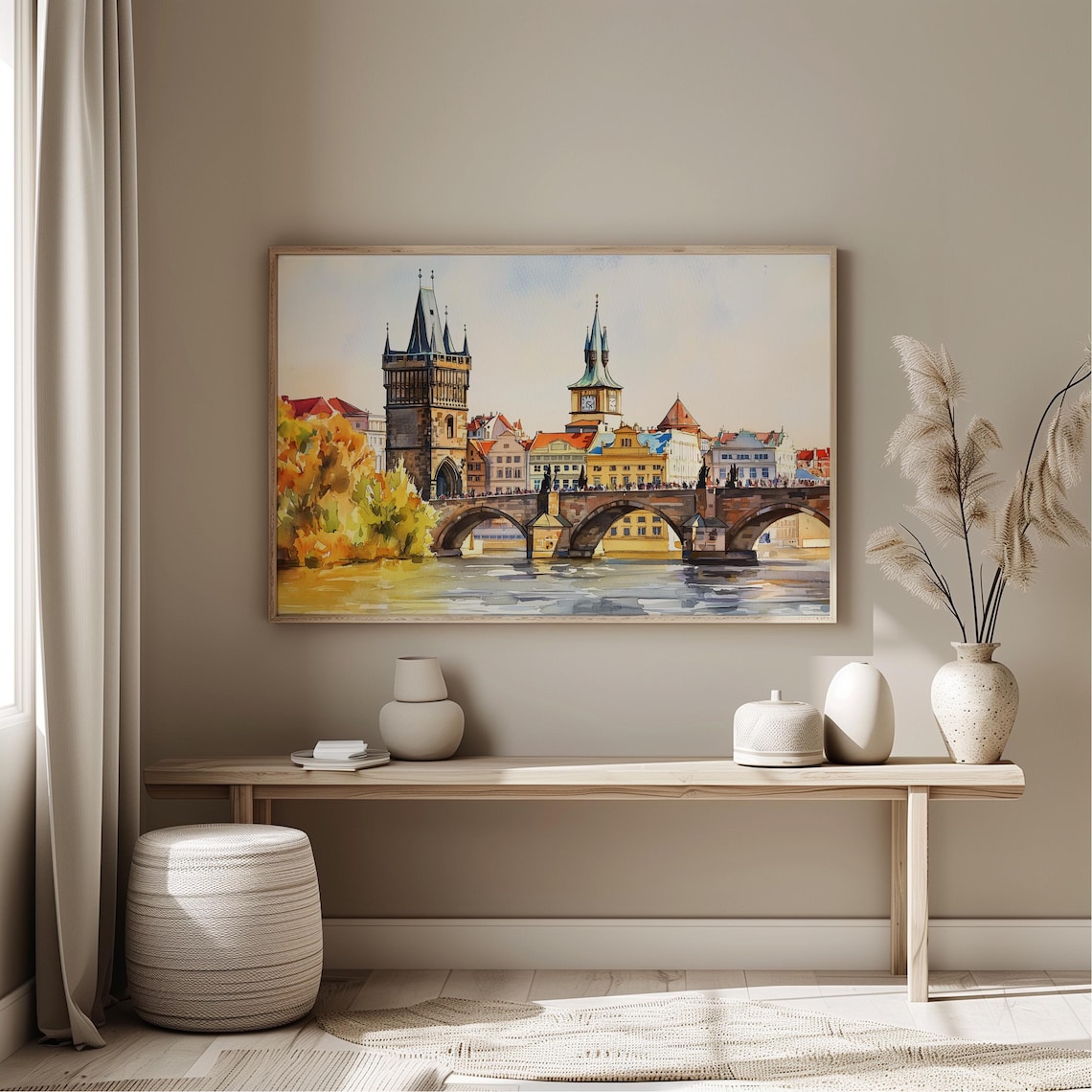 Charles Bridge Prague Watercolor Art Print, Historic European City Wall ...