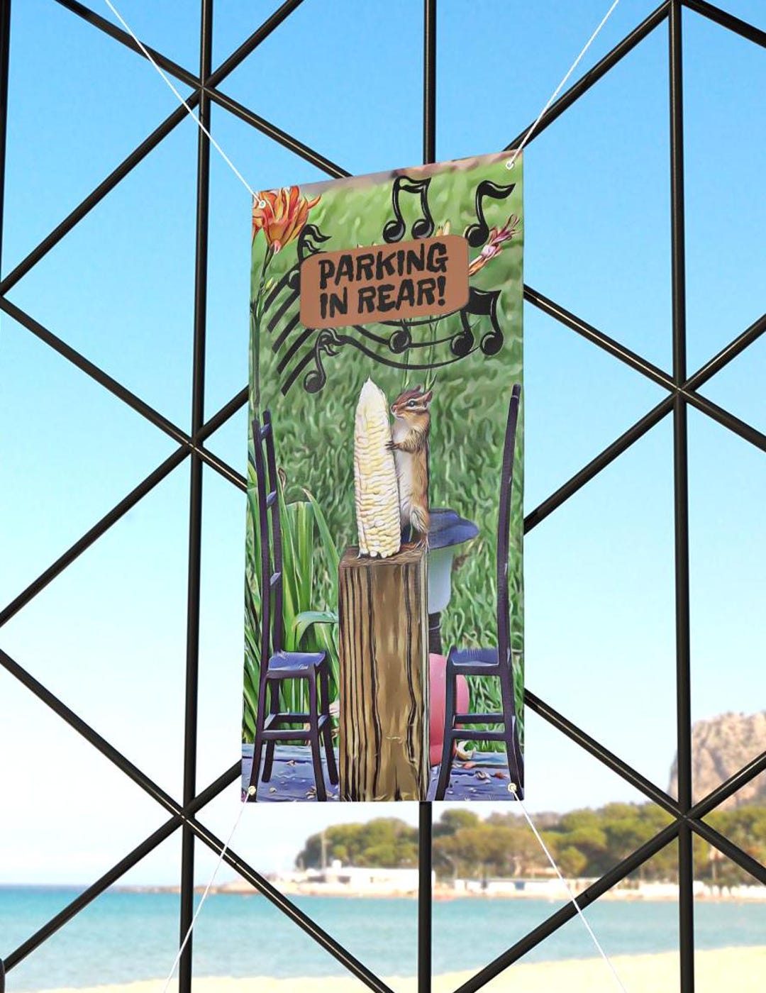 Chipmunk Fence Art Saying Parking in Rear Original Matte Banner ...