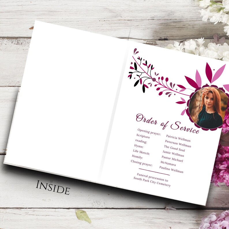 Simple Pink Celebration of Life Editable Template Canva Order of ...