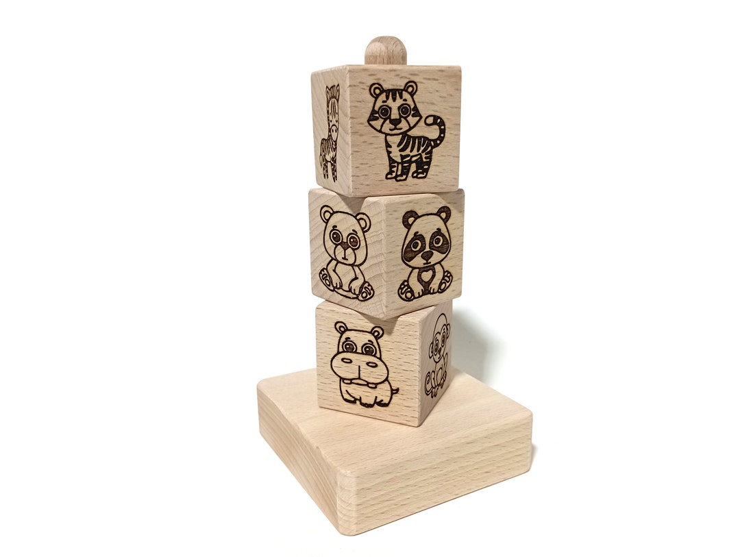 Vertical Stacking Tower 3 Cubes, Montessori Nesting Toy, Animal Cubes ...