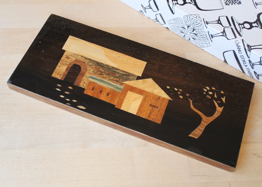 WOODEN INLAY Vintage/ Wall Inlay Plaque Landscape/ Retro Home ...