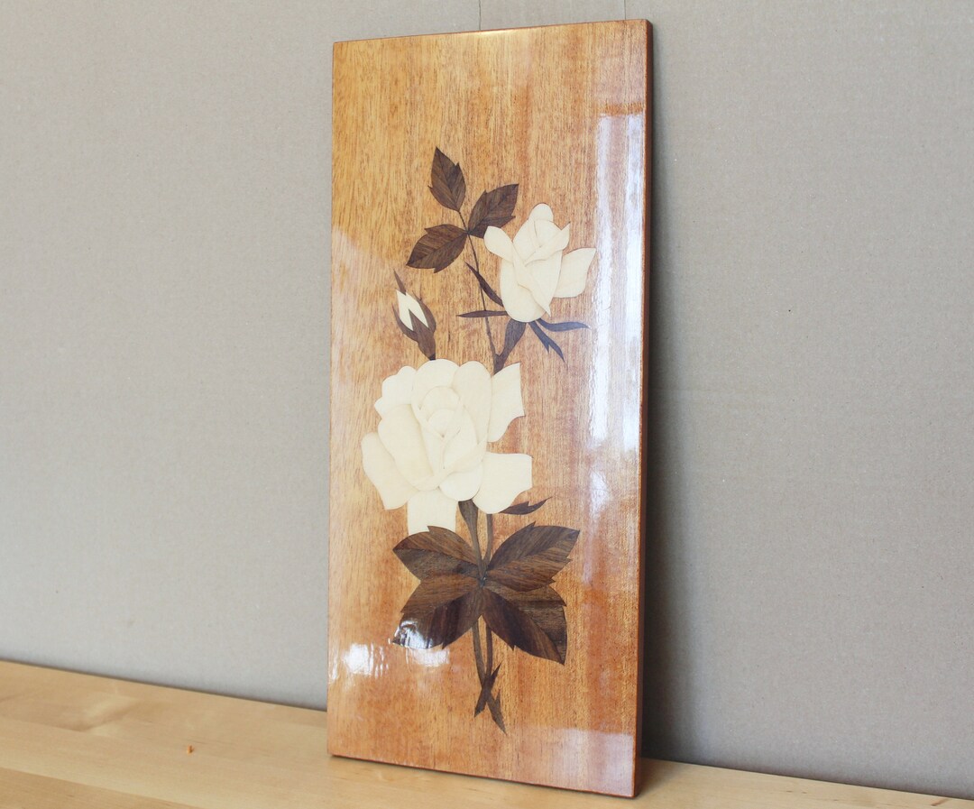 ROSES_WOODEN_PLAQUE Vintage/ Wooden Wall Inlay Plaque Roses/ Art ...
