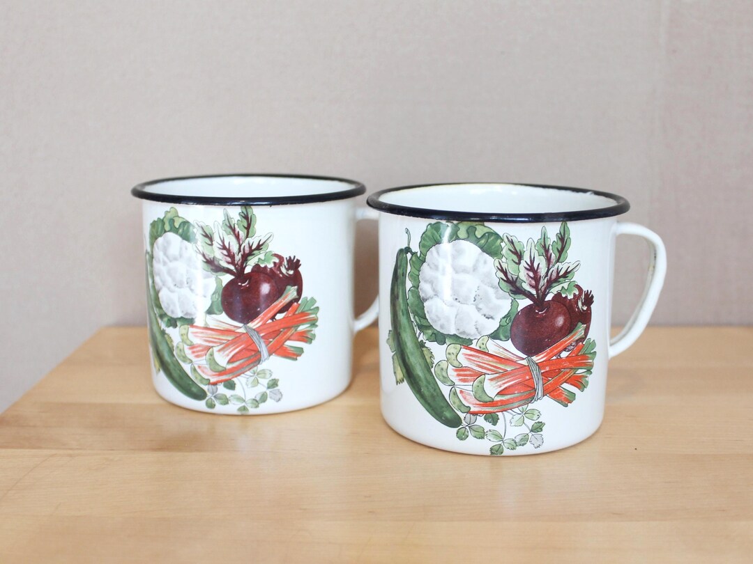 2 ENAMEL MUGS Russian Vintage/ Enamel Mugs With Vegetables Decal ...