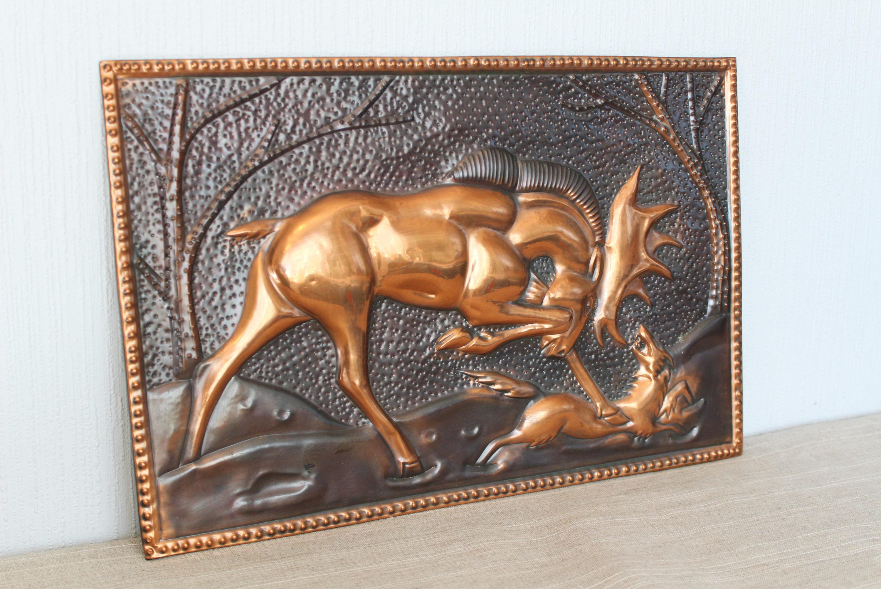EMBOSSED METAL Plaque Vintage/ Wall Picture_ Fight in the Forest ...