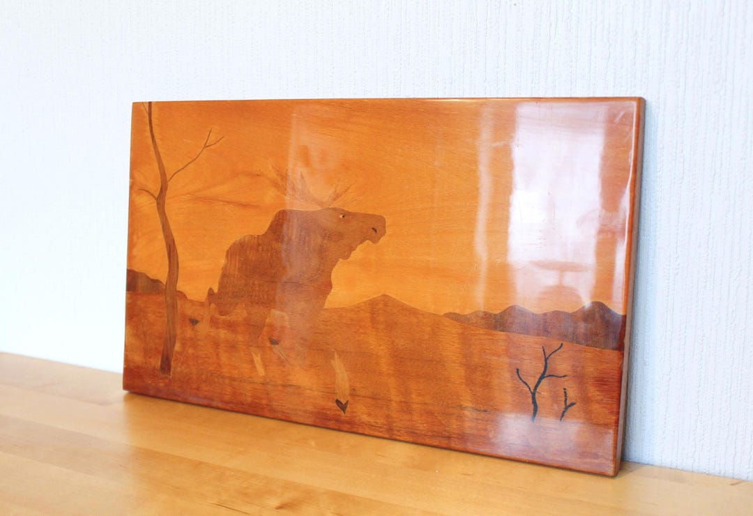 ELK_WOODEN INLAY Vintage/ Wooden Wall Plaque, Landscape With Elk ...